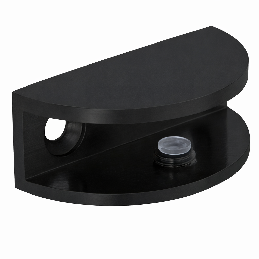 Traditional "half moon" style shelf clamp with no glass fabriction req ...